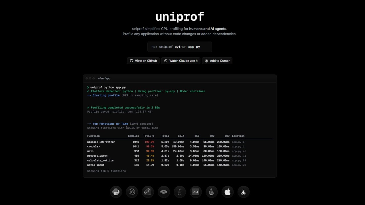 uniprof — CPU profiling made simple for humans and AI agents