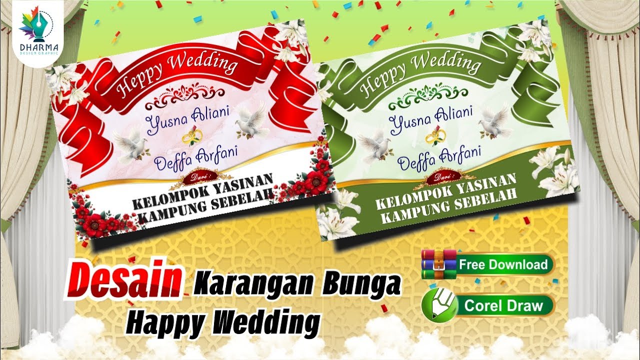 FREE DOWNLOAD DESAIN KARANGAN BUNGA HAPPY WEDDING HIJAU & MERAH || COREL X7