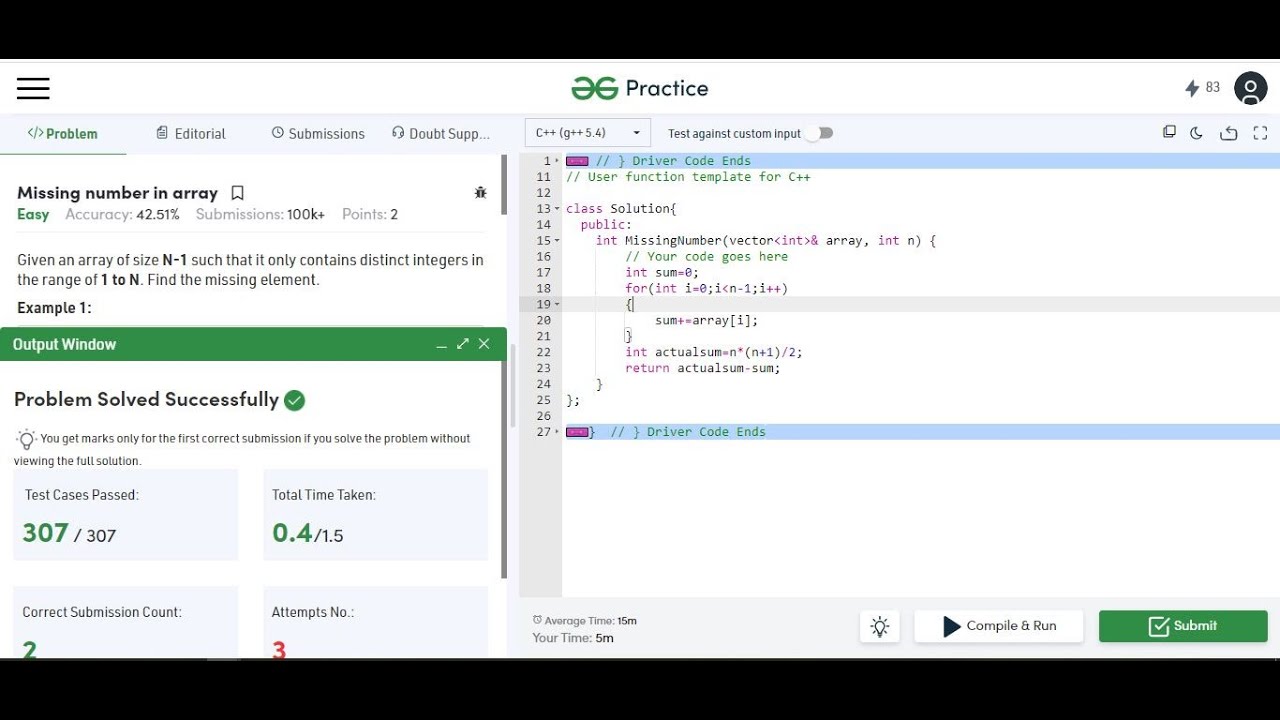 Missing Number in Array || Array || GFG Practice