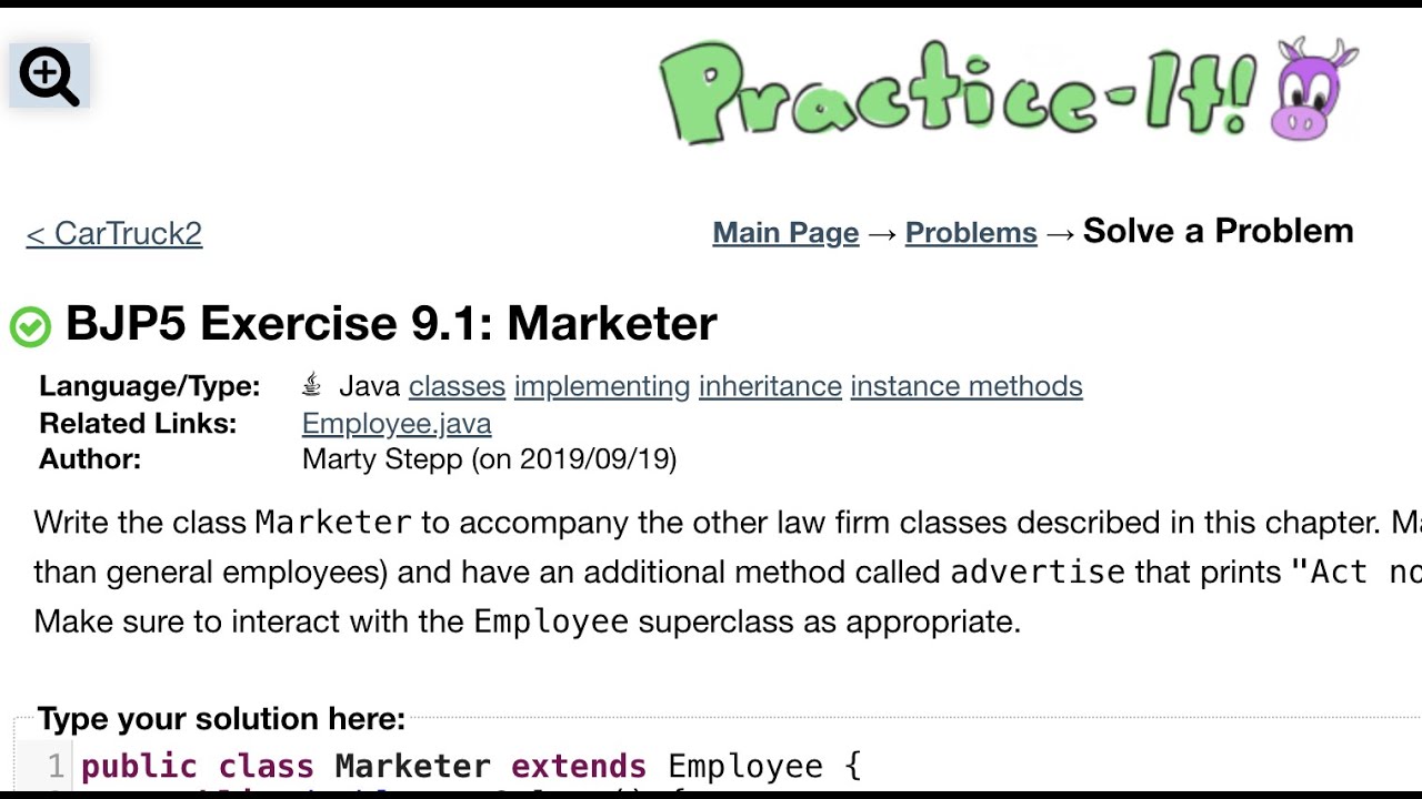 Java Practice It | Exercise 9.1: Marketer | classes, implementing, inheritance, instance methods
