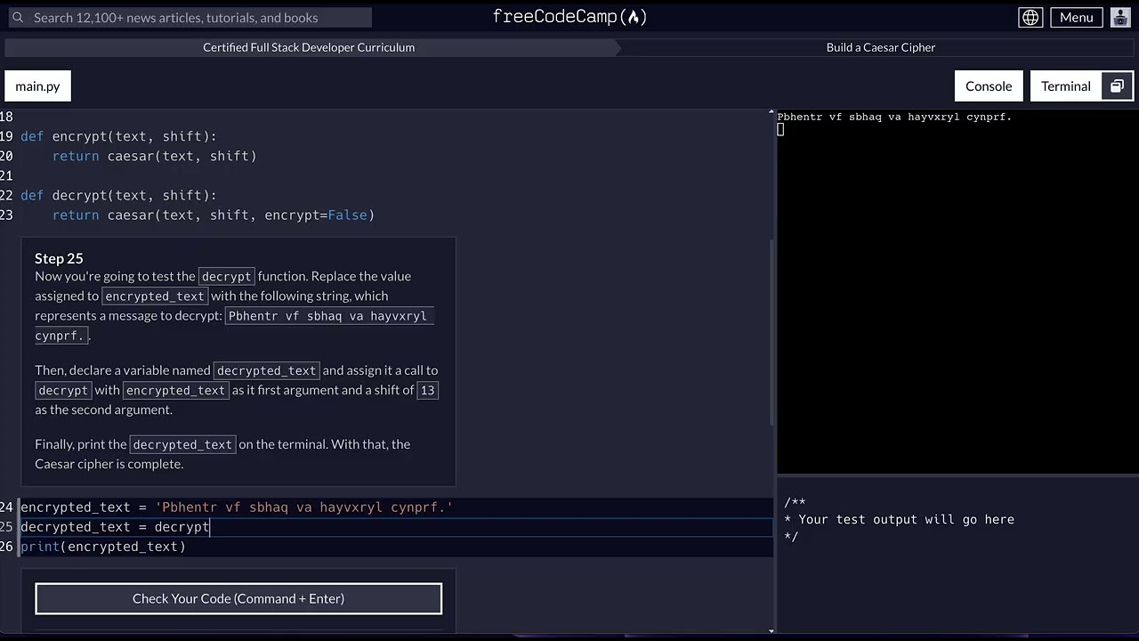 FreeCodeCamp - Python Project - Step 25 of 25 - Caesar Cipher