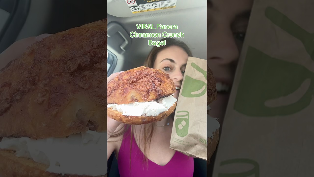 VIRAL Panera Cinnamon Crunch Bagel 🤎🥯#panera #cinnamoncrunchbagel #bagel #panerabread #viralfood