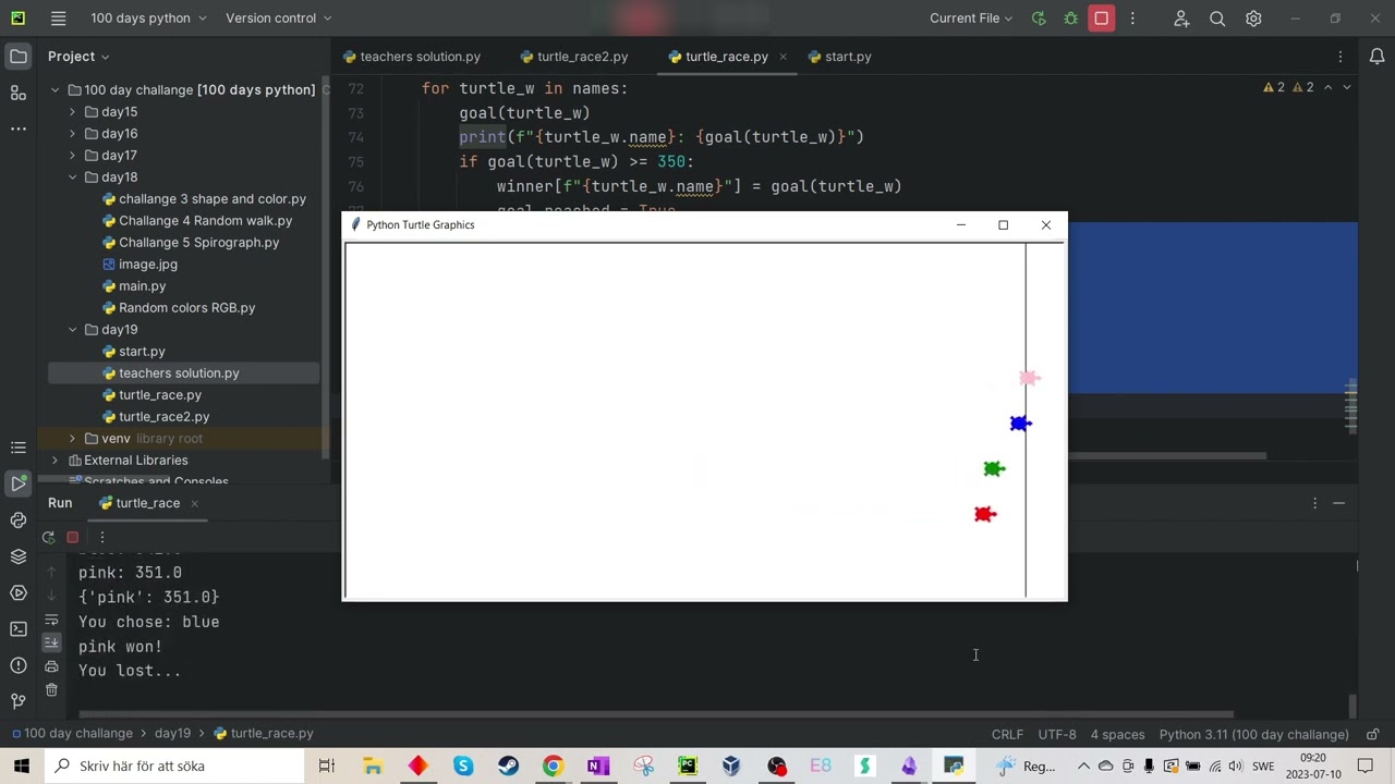 Day 19: TURTLE RACE! --- 100 Days of code: The Complete Python Pro Bootcamp