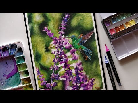 Hummingbird And Flowers Painting in watercolor | Time lapse