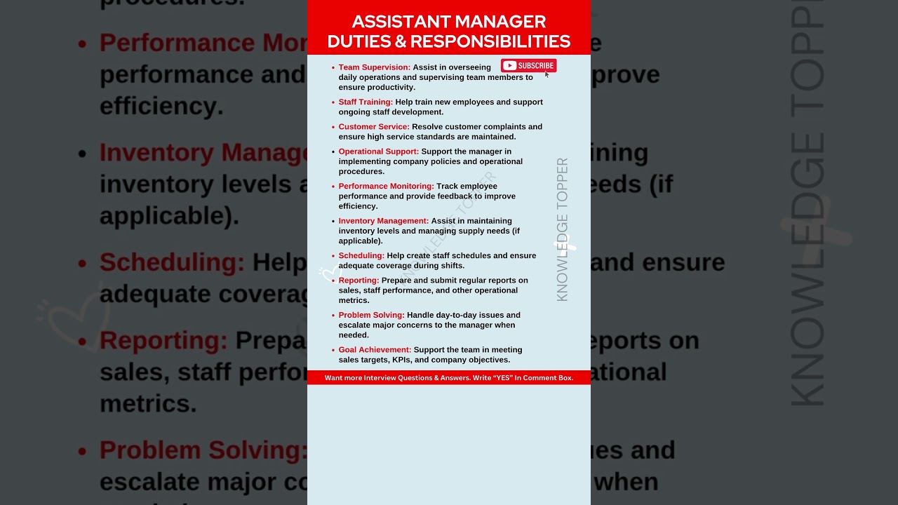 Assistant Manager Duties and Responsibilities | Assistant Manager Work | Assistant Manager Job