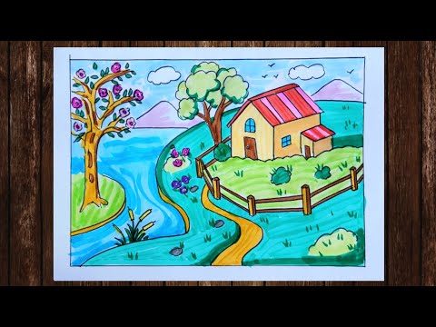 How to draw House with fence and trees easy / House drawing step by step tutorial