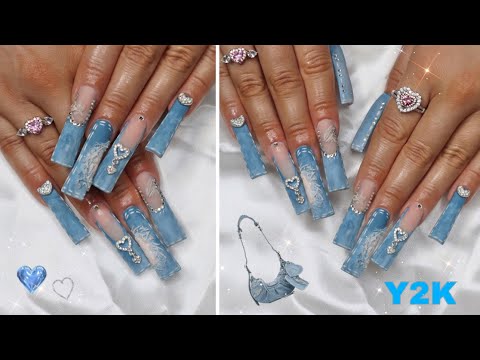 XL BLUE DISTRESSED DENIM POLYGEL DUCK NAILS I Y2K NAIL ART I FLARE NAILS I NAIL RESERVE