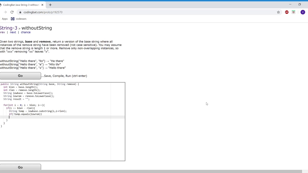 String 3(withoutString) Java Tutorial || codingbat.com