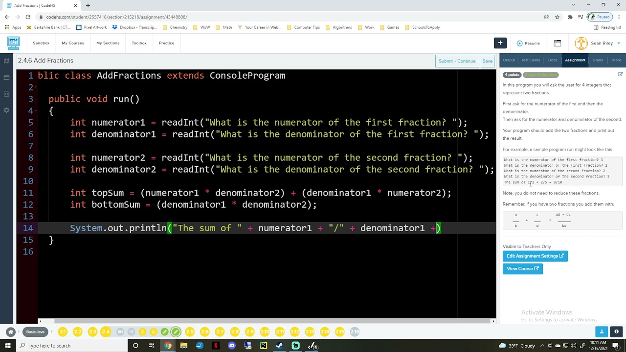 Code HS Add Fractions in Java