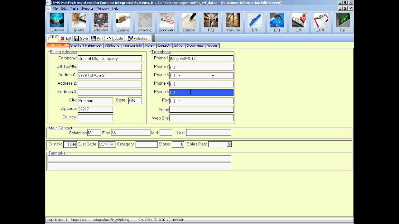 Customer Edit Main Tab Part 1