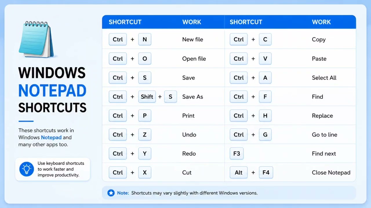 All Windows Notepad Shortcuts