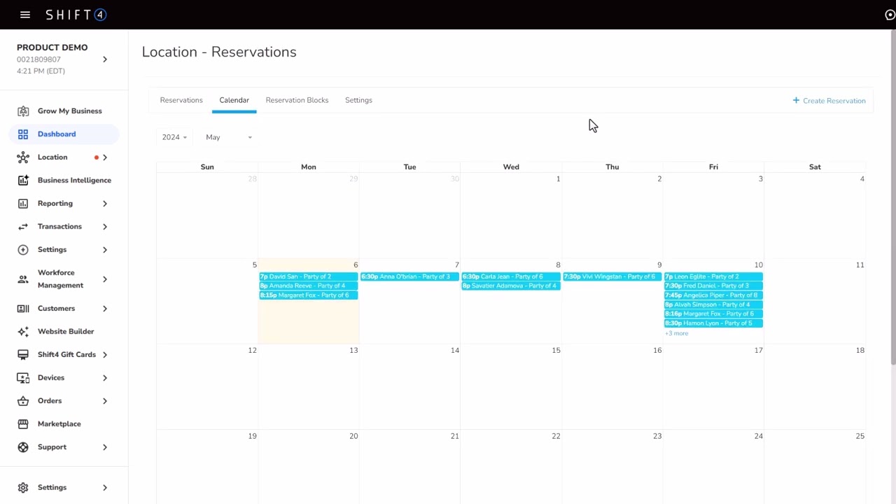 Shift4 Dine Customer Hub: Reservations