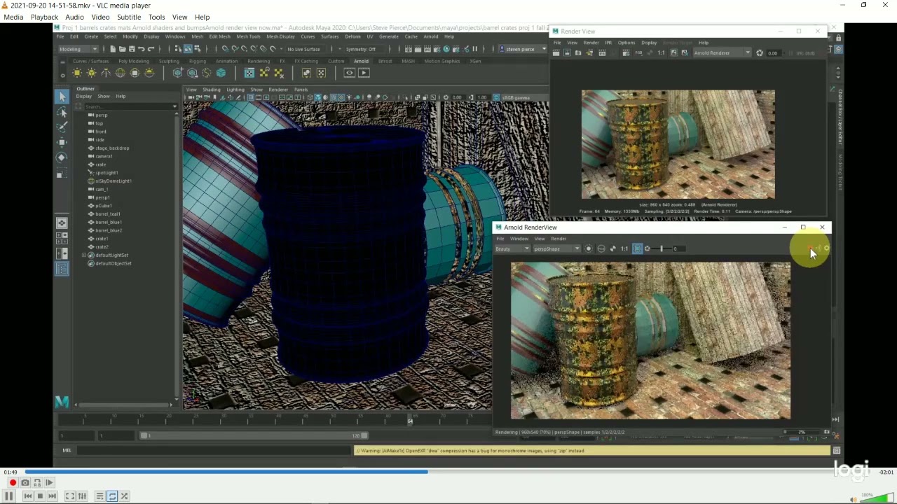 Maya 2020, Materials, shaders, bump mapping, Arnold render view vs render view.
