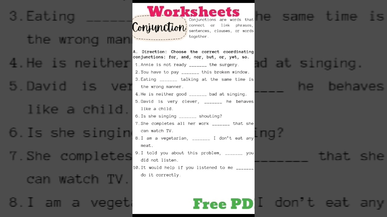 Conjunction worksheet|practice questions for conjunction #englishgrammar #worksheets #conjuction
