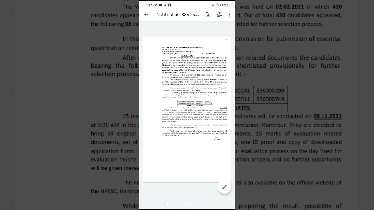 HPSSC WORKSHOP INSTRUCTOR(FITTING) POST CODE 836 SCREENING RESULT