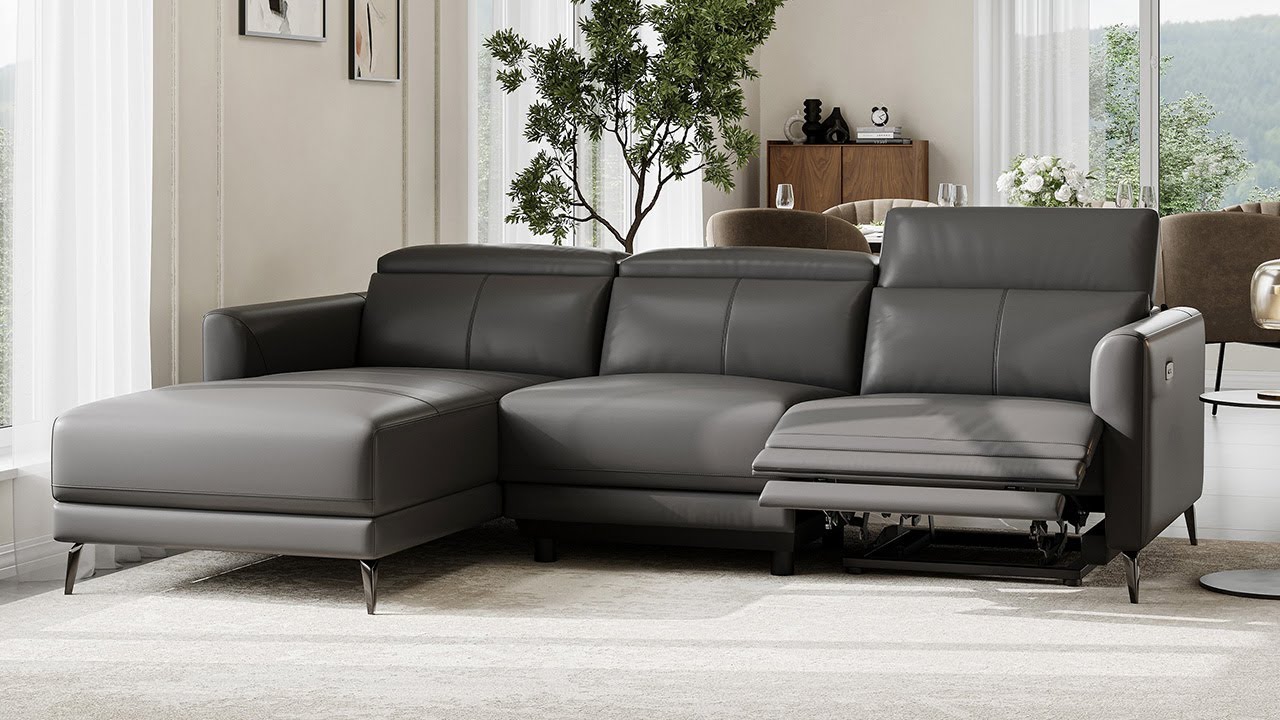 Andria Top Grain Leather Reclining Sectional Sofa, Cloudy Grey