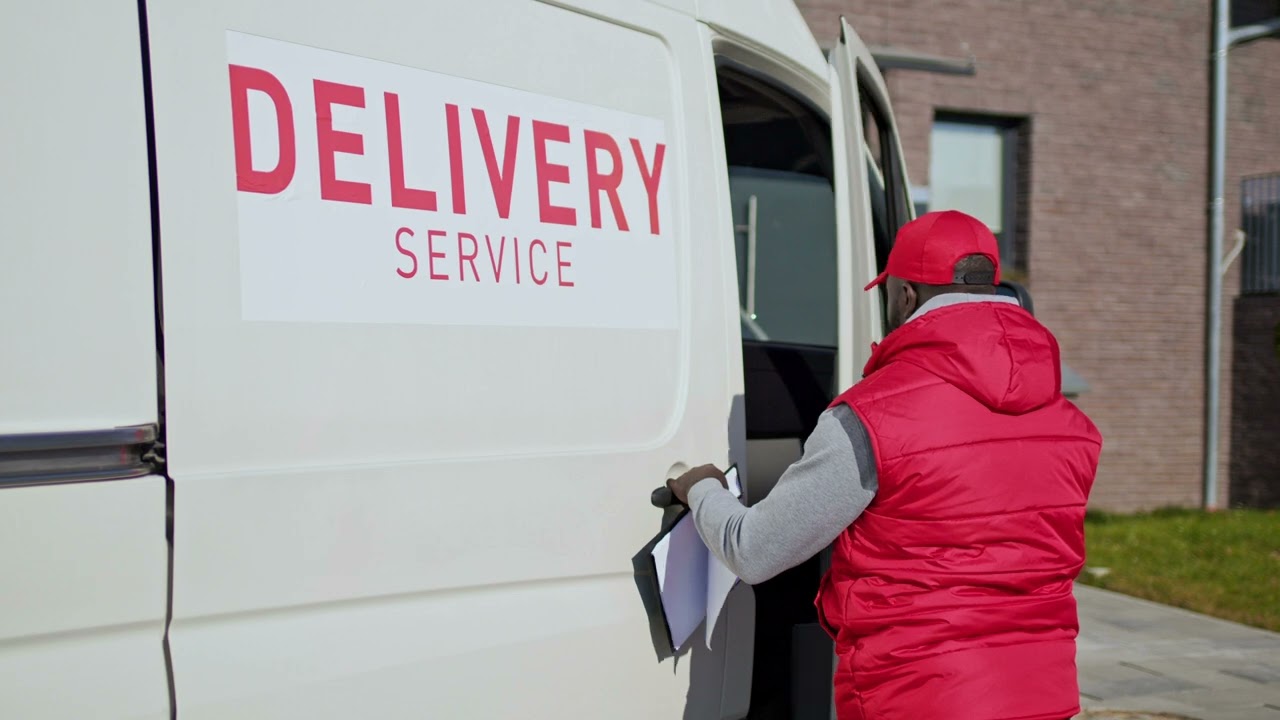 Couriers Delivering Parcel Box to Recipient African American Delivery Man Open a Van Side Door and