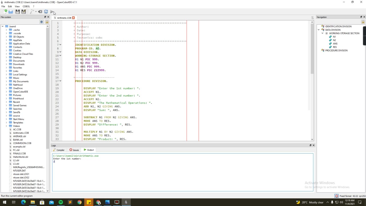 Cobol Program for Arithmetic Operations