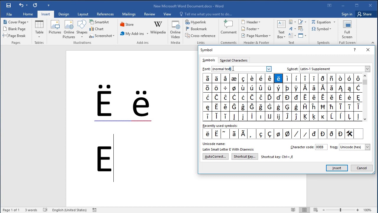 How to type Letter E with Diaeresis in Word