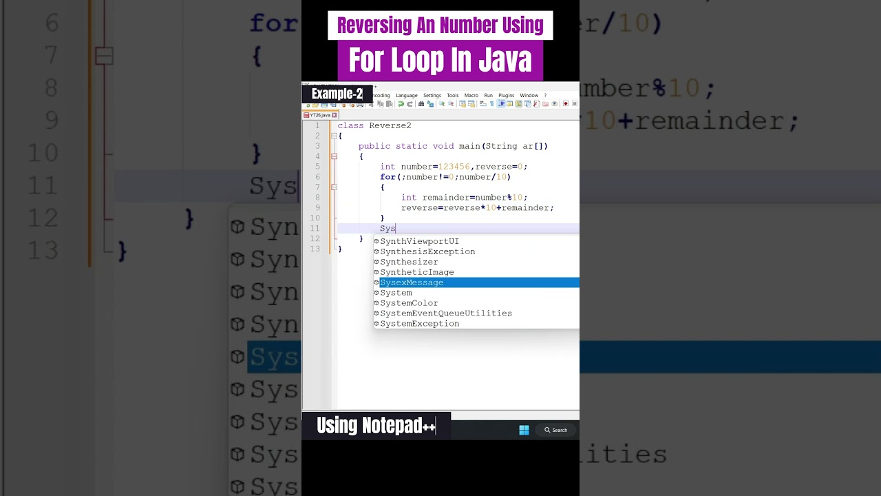 Reversing Number Using For Loop In Java | Example-2 #shorts #programming #python #java #coding