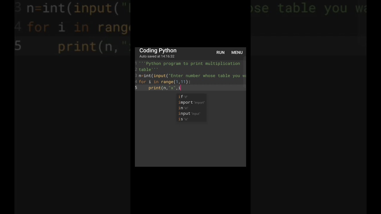 Python program to print multiplication table #Python#ytshorts#pythontutorialforbeginners