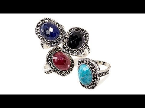 Sterling Silver Faceted Gemstone and Marcasite Ring