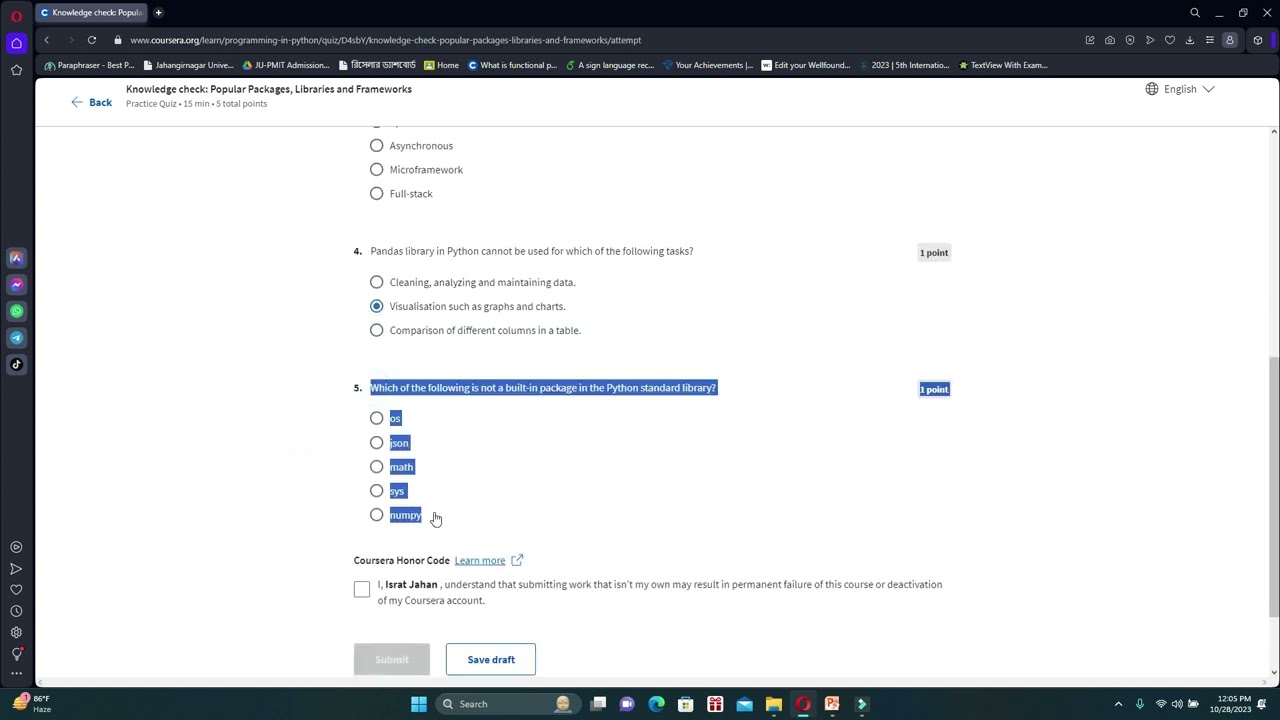 Knowledge check: Popular Packages, Libraries and Frameworks Coursera | Programming in Python