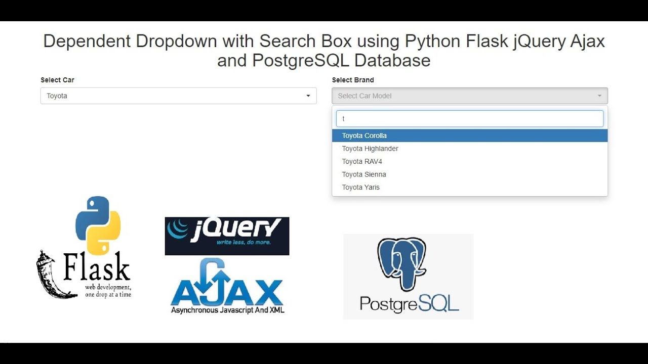 Dependent Dropdown with Search Box using Python Flask jQuery Ajax and PostgreSQL Database