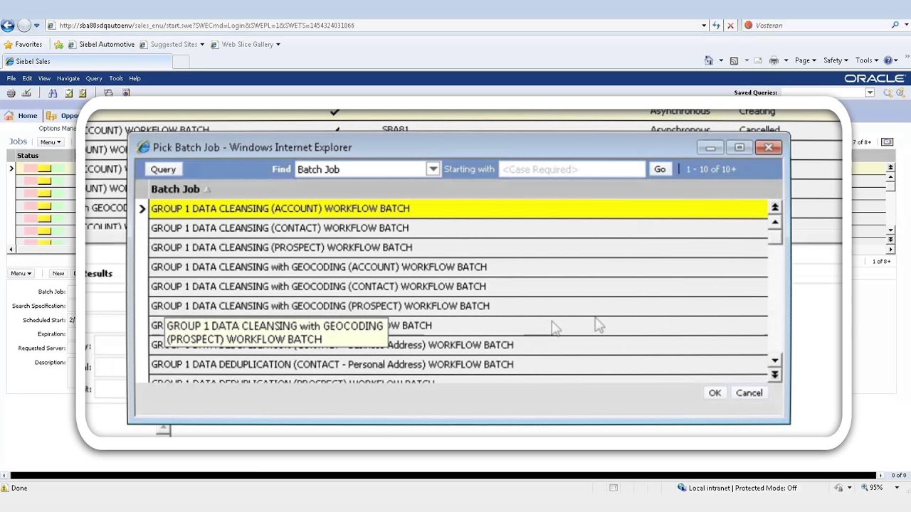 Pitney Bowes Data Quality for Siebel showcasing Batch Address Validation