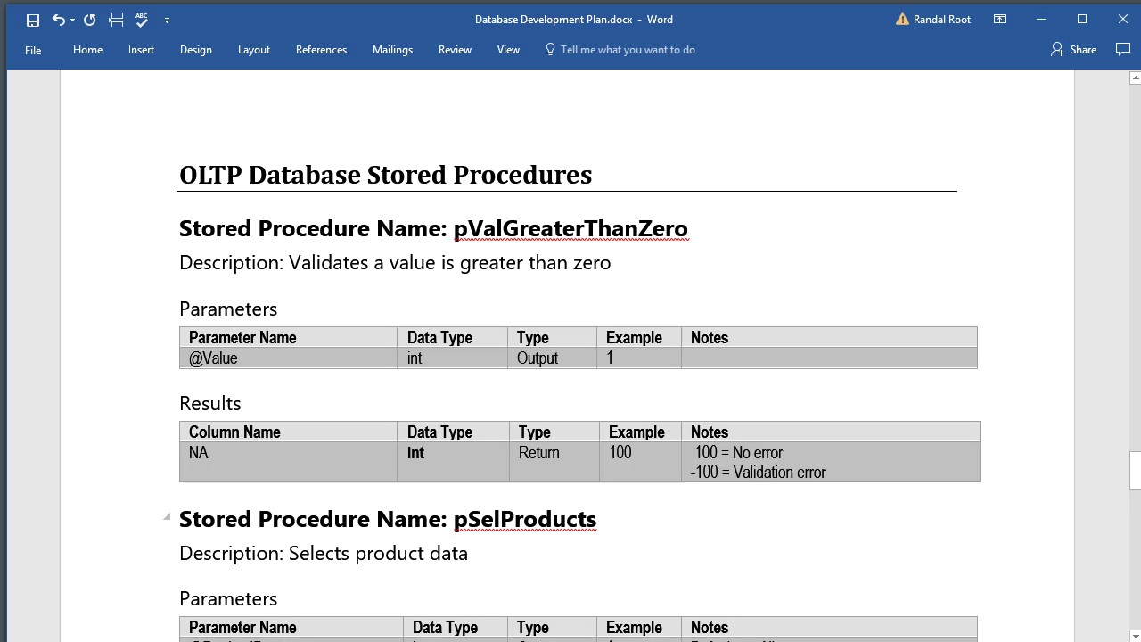 Typical Database Planning Document
