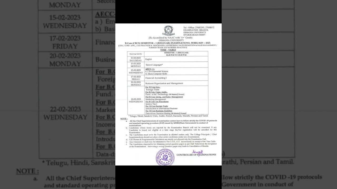 OU B.com & B.com (Hons)  1st Semester Examination Time Table 2023