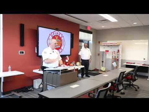 Classroom presentations followed by live fire sprinkler and flashover burn demos.