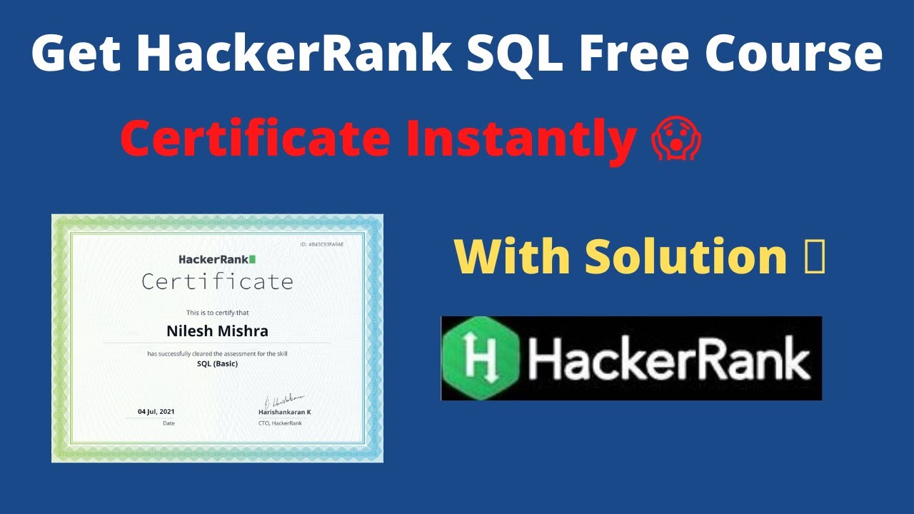 SQL Free Hacker rank Certification  With Solutions |  Free Hacker rank Sql Course Certificate