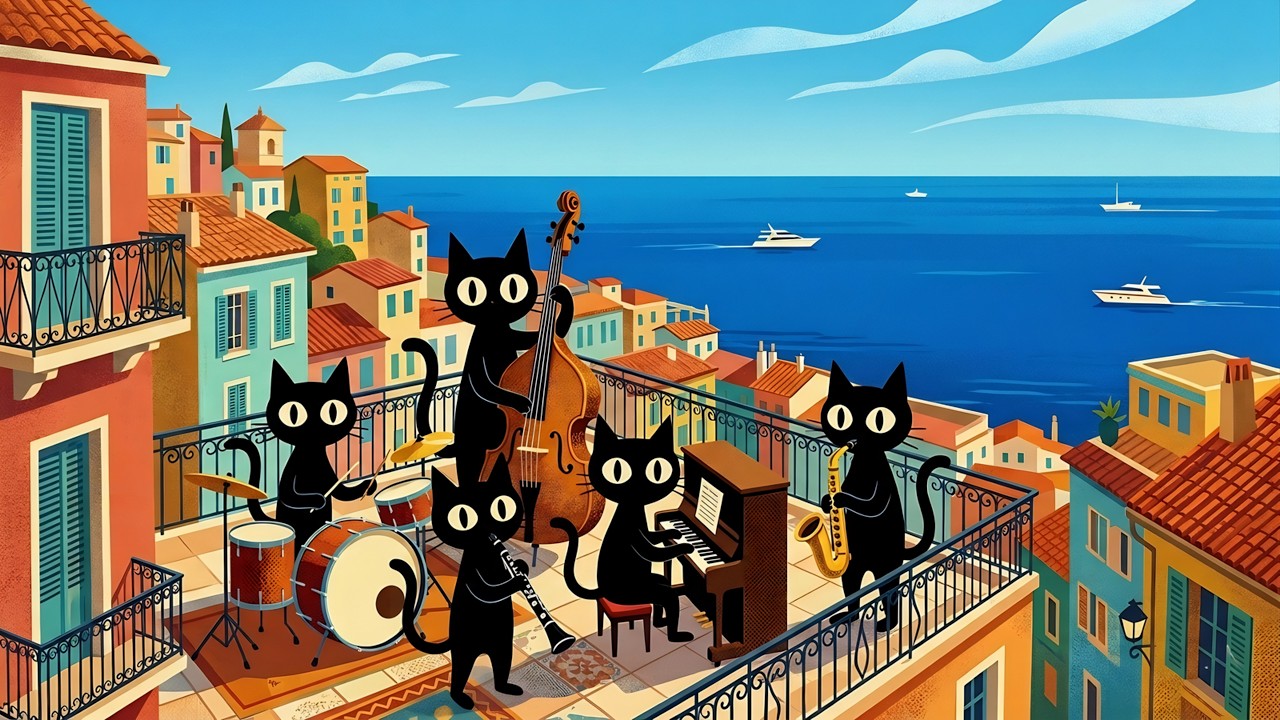 Lively Black Cat Jazz by the Sea 🎷 Feel Good Swing Bass for Work & Focus