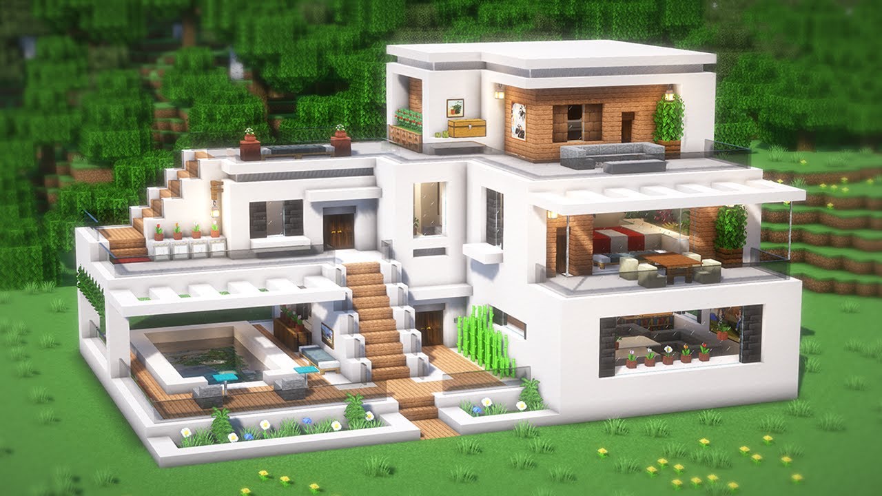 Minecraft: How To Build a Modern House Tutorial(#44) | 마인크래프트 건축, 모던하우스 ...