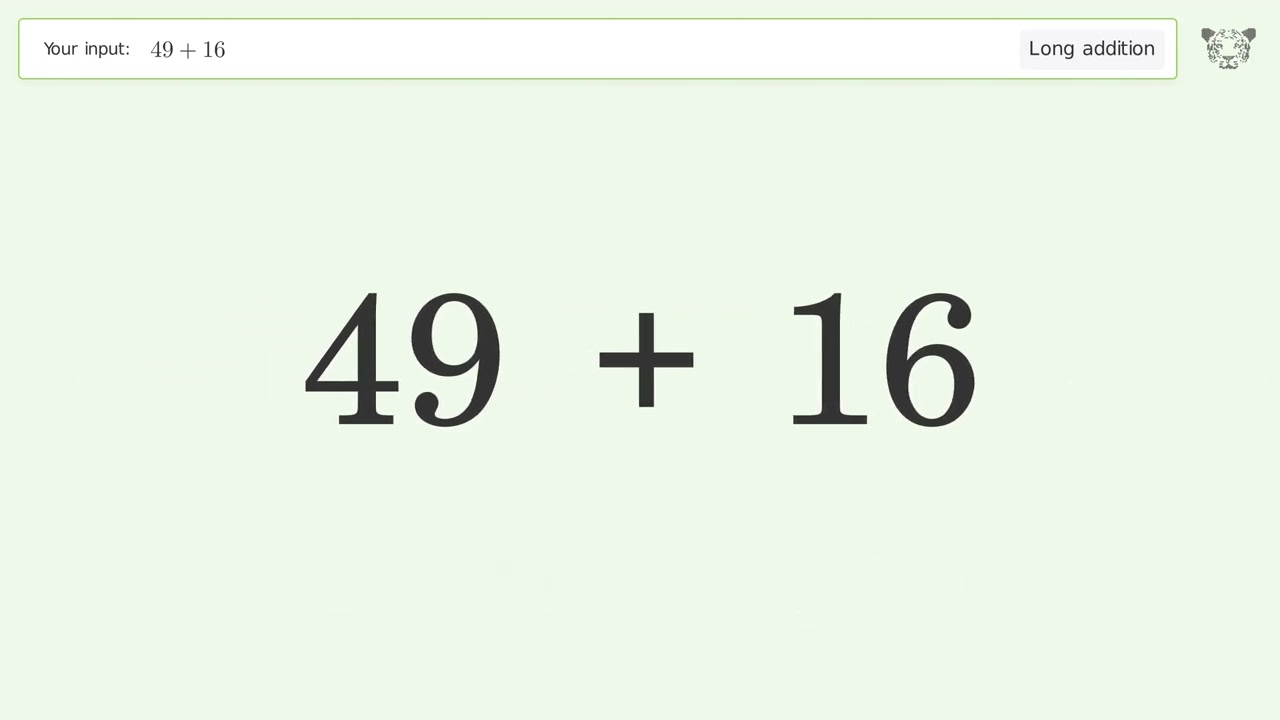 Long addition: Solve 49+16 step-by-step solution