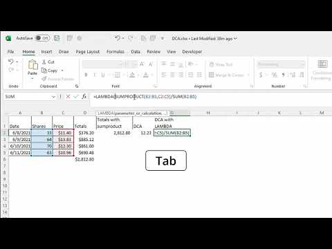 Dollar Cost Average (DCA) Formula in Excel