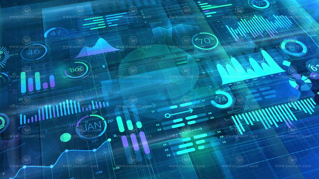 Big data 3D infographic background with animated charts.