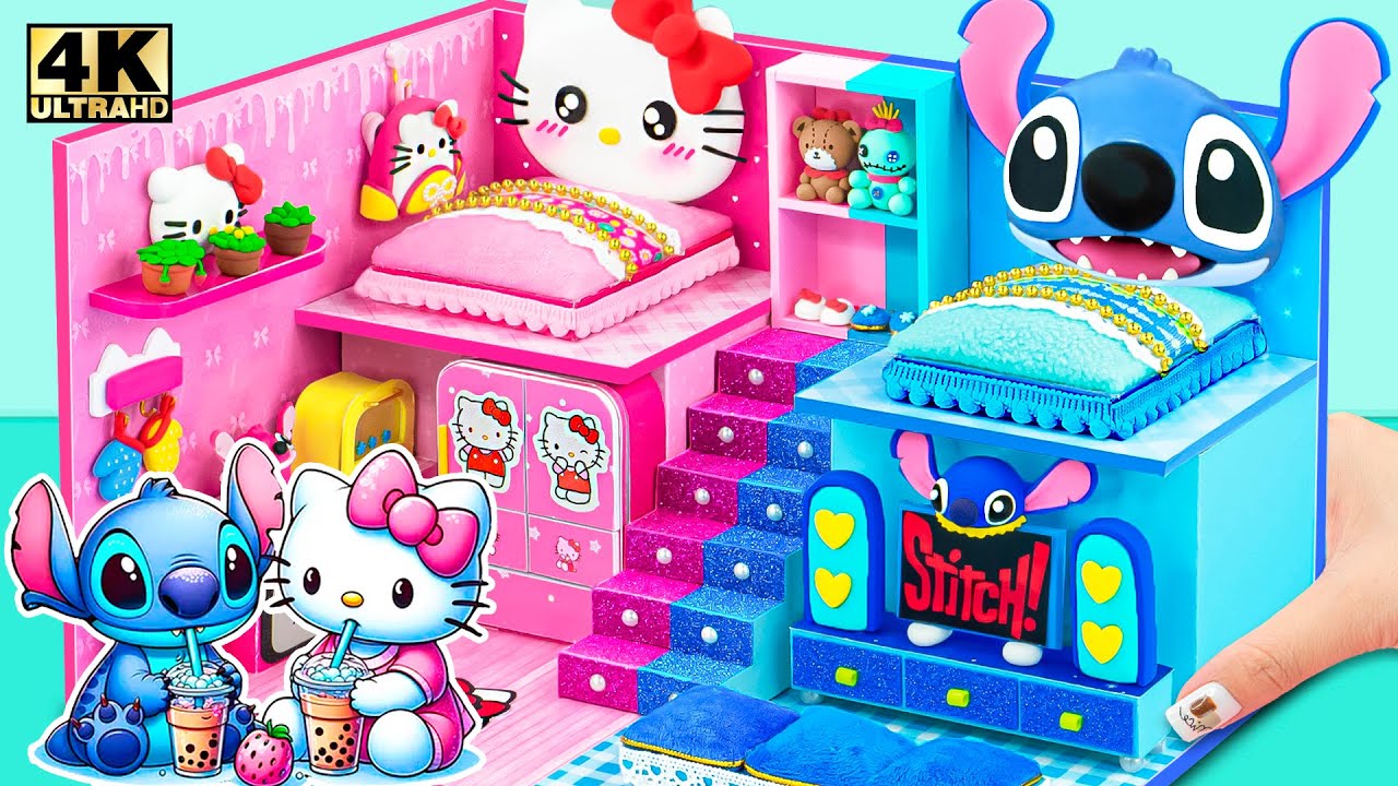 Hello Kitty & Stitch 💖💙 Make Simple House in HOT vs COLD Style from Cardboard | DIY Miniature House