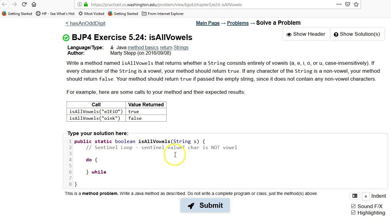 Building Java Programs Chapter 5 Exercise 5.24 isAllVowels