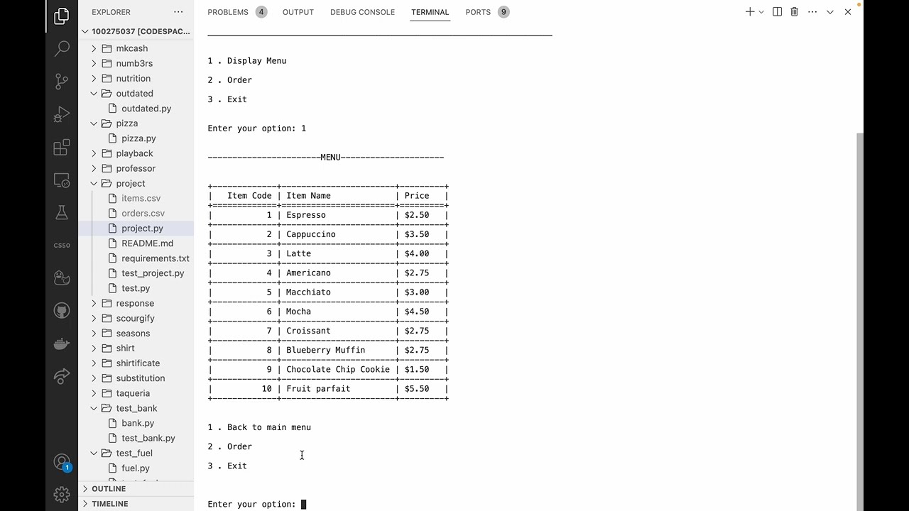 CS50P python project: Cafe order management