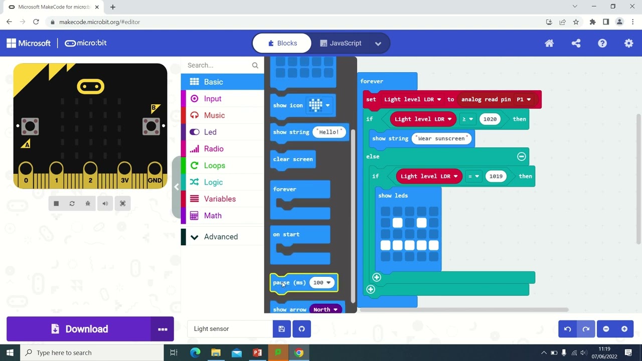 Light Sensor Coding Tutorial for the Microbit