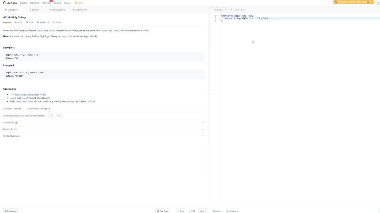 43. Multiply Strings - JavaScript - 1 Line