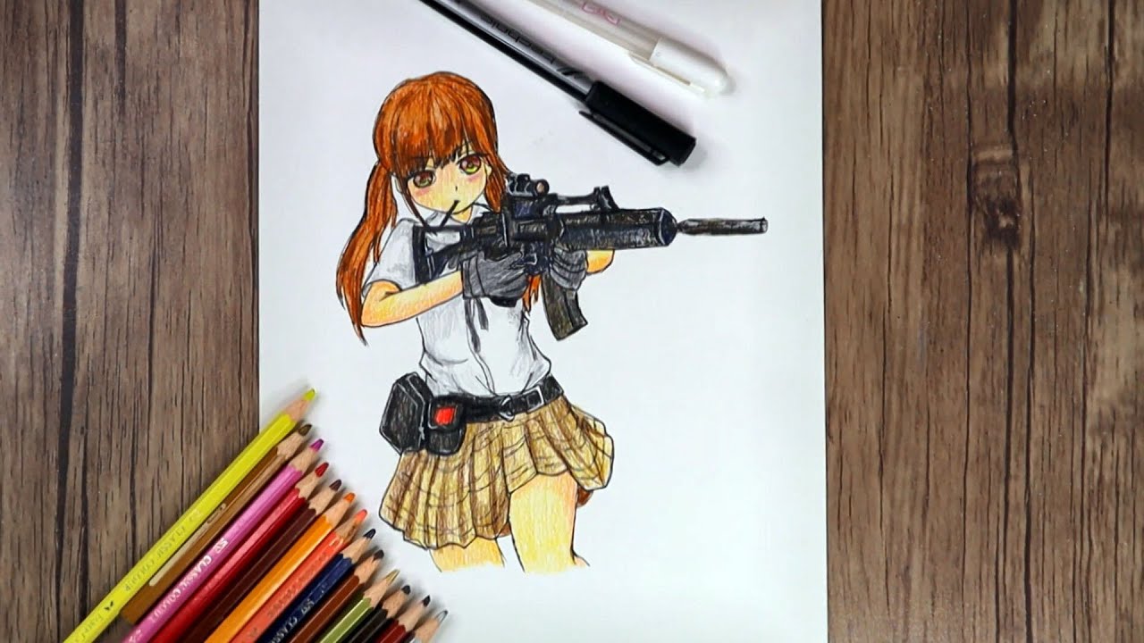 How to Draw an Anime Girl with a Gun | Anime Drawing with Colored Pencils