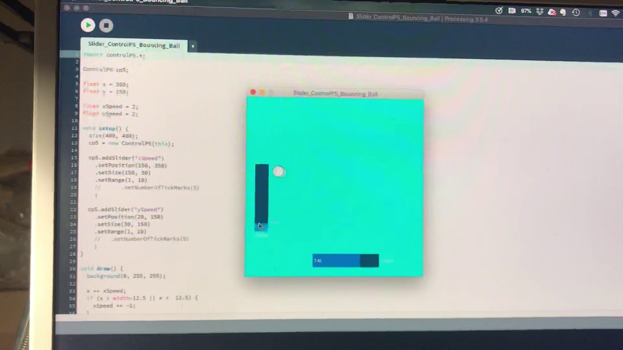 Processing controlP5, bouncing ball