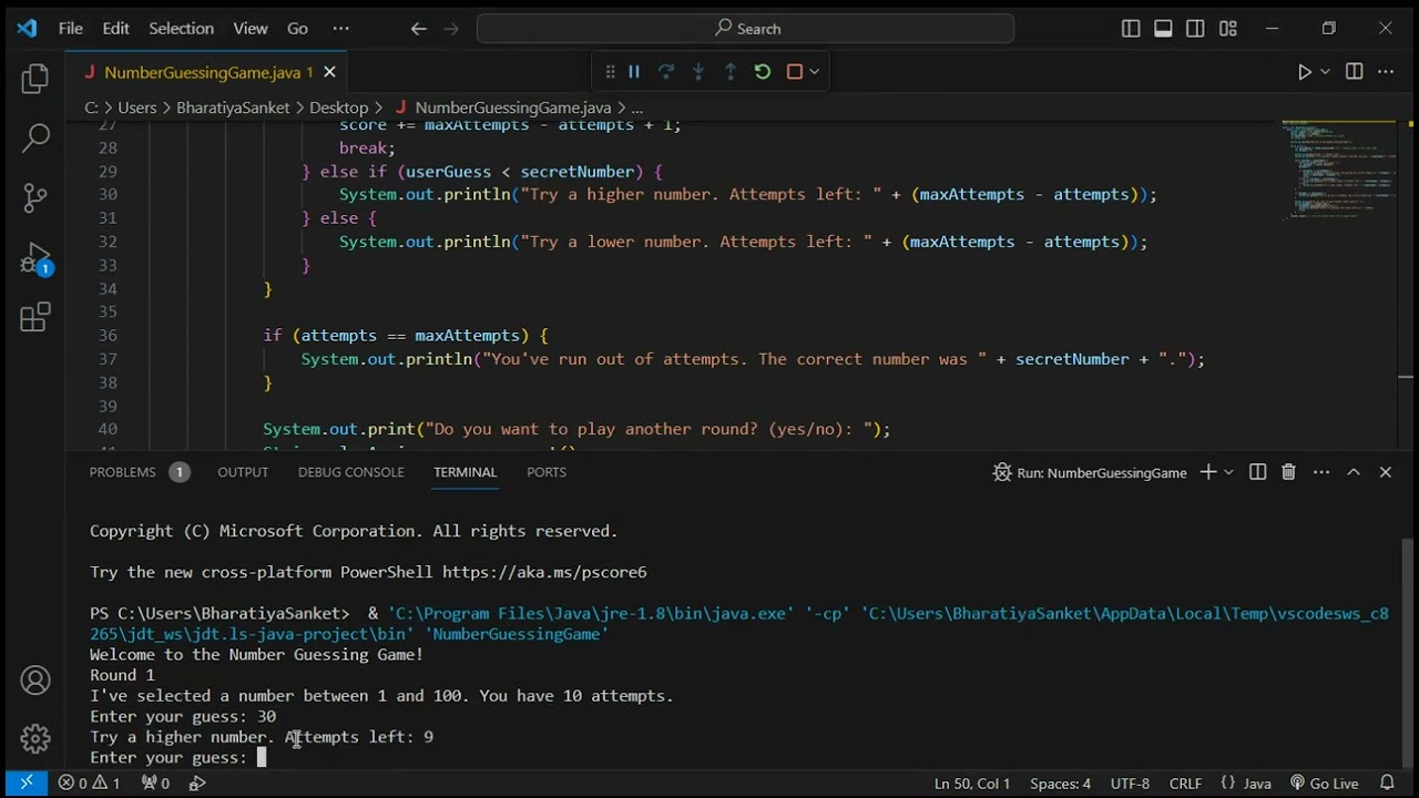 #Task1 : Number Guessing Game in Java Programming CodSoft Internship
