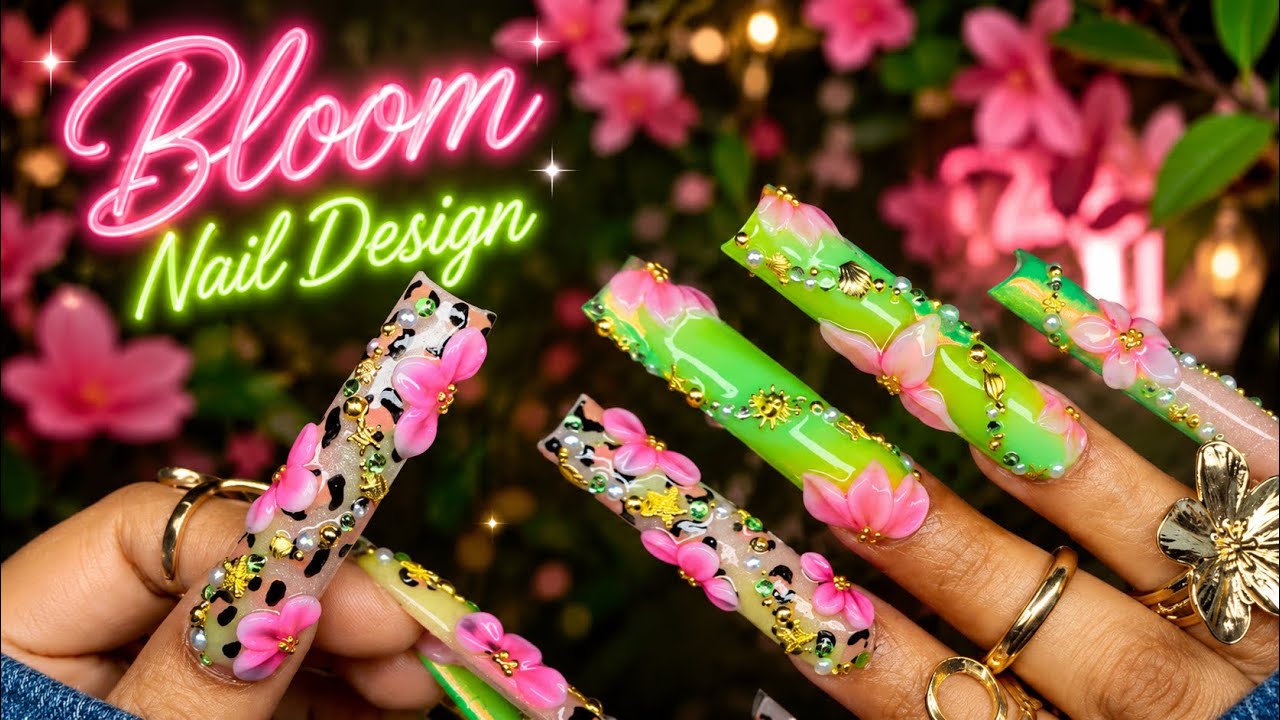 Trendy Tropical Bloom Nails with 3D Flowers & Charms✨🌺🌴