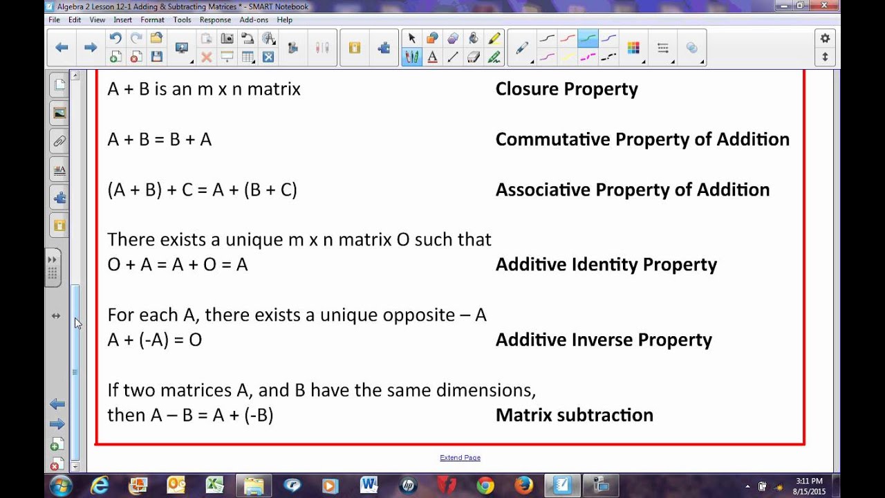 Algebra 2 Lesson 12 1 Adding & Subtracting Matrices