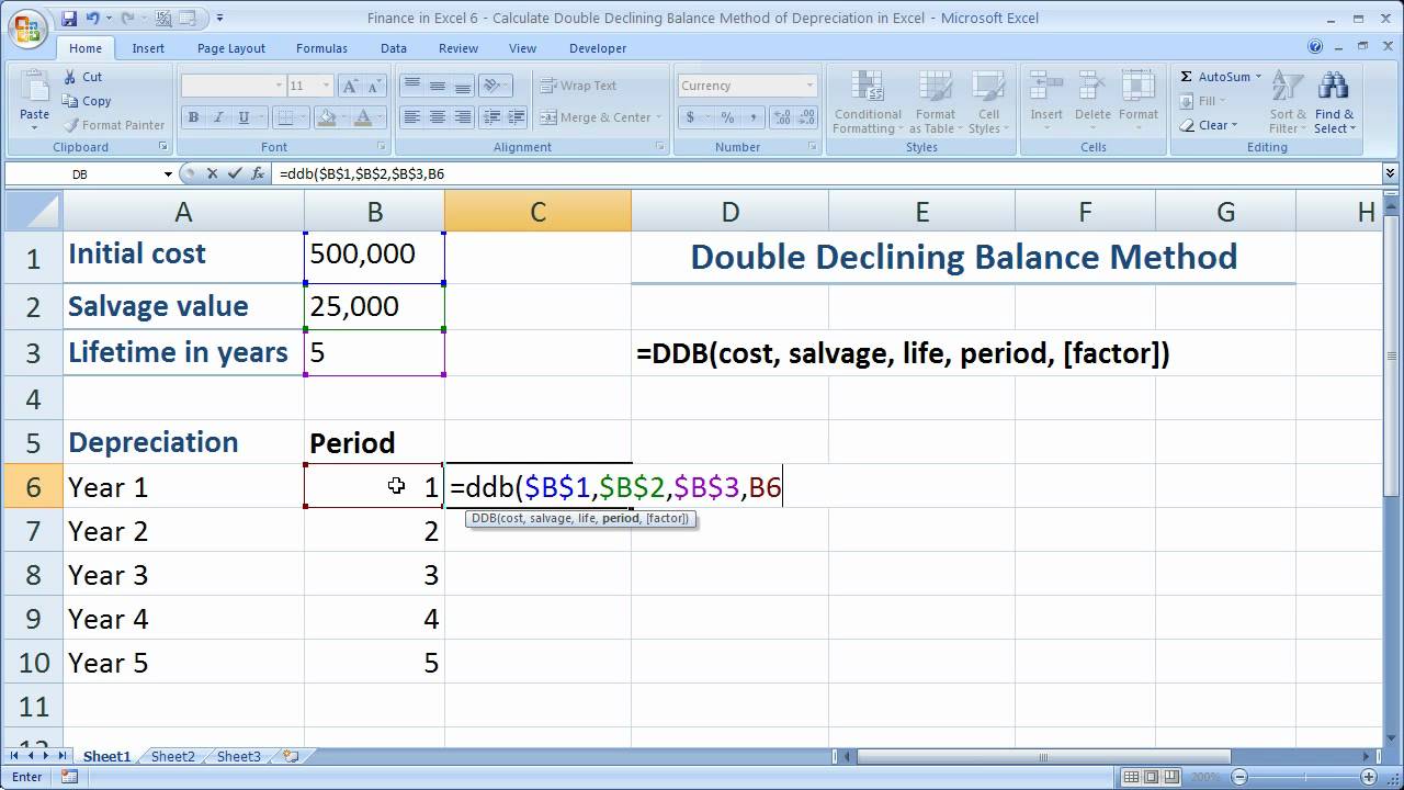 Finance in Excel 6 - Calculate Double Declining Balance Method of Depreciation in Excel