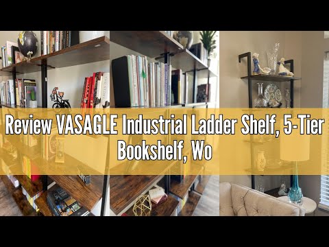 Review VASAGLE Industrial Ladder Shelf, 5-Tier Bookshelf, Wood Wall Mounted Shelf, Storage Rack Disp